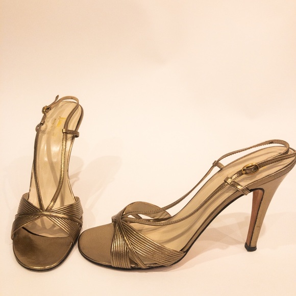 Neiman Marcus | Shoes | Neiman Marcus Metallic Gold Strappy High Heels ...